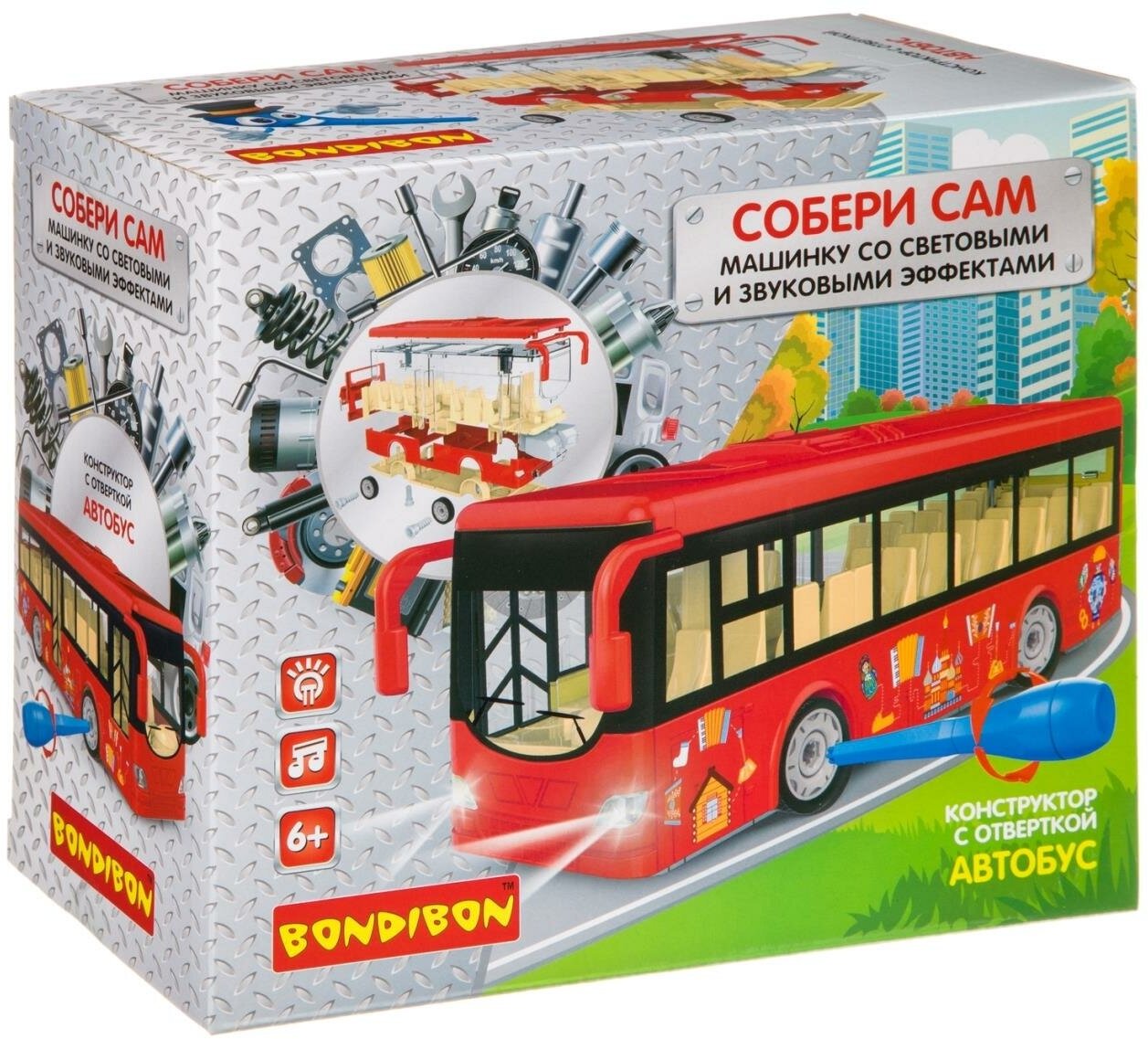 Конструктор с отверткой Bondibon, Собирай и Играй "автобус",40 дет, красный, BOX 24x12x21