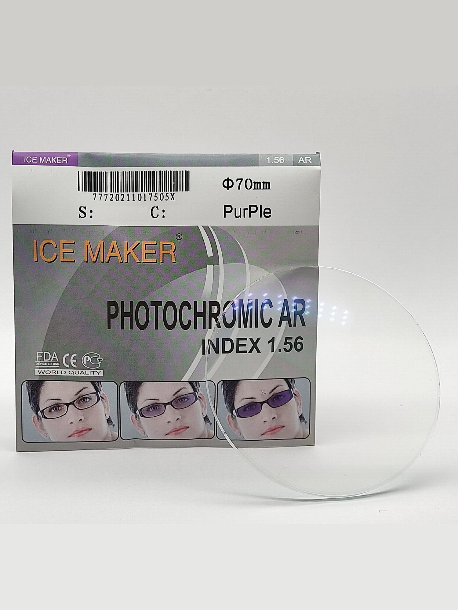Линза для очков стигматическая 1шт ICE MAKER -1.25, d 70, index 1.56, фиолетовый
