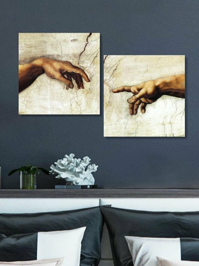 Модульная картина для интерьера на стену живопись. Микеланджело Сотворение Адама 40х40 см - 2 штуки на холсте на подрамнике