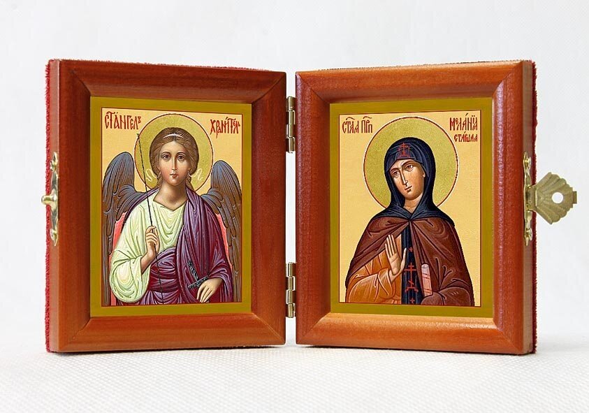 Складень именной "Преподобная Мелания Старшая - Ангел Хранитель", из двух икон 8*9,5 см