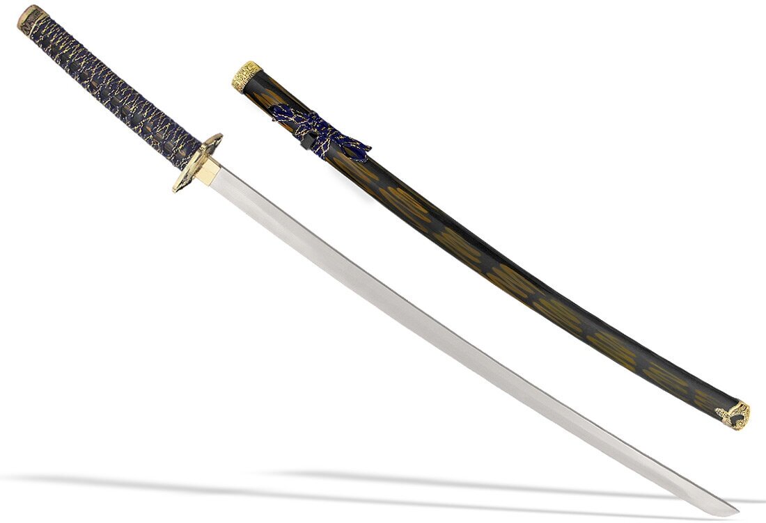 Катана японский меч декоративный на подставке, ножны сине-желтые, цуба черно-золотая