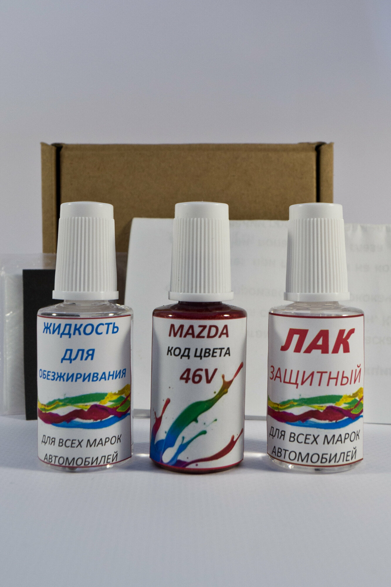 Подкраска для сколов во флаконе с кисточкой 46V для MAZDA Красный Перламутр, Soul Red Crystal, краска+лак+обезжириватель 3 предмета