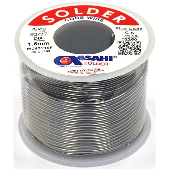 Припой с флюсом Asahi Припой WC63Y16F, 1.6мм 0.25кг Sn63/Pb37 (С-6 водорастворимый флюс)