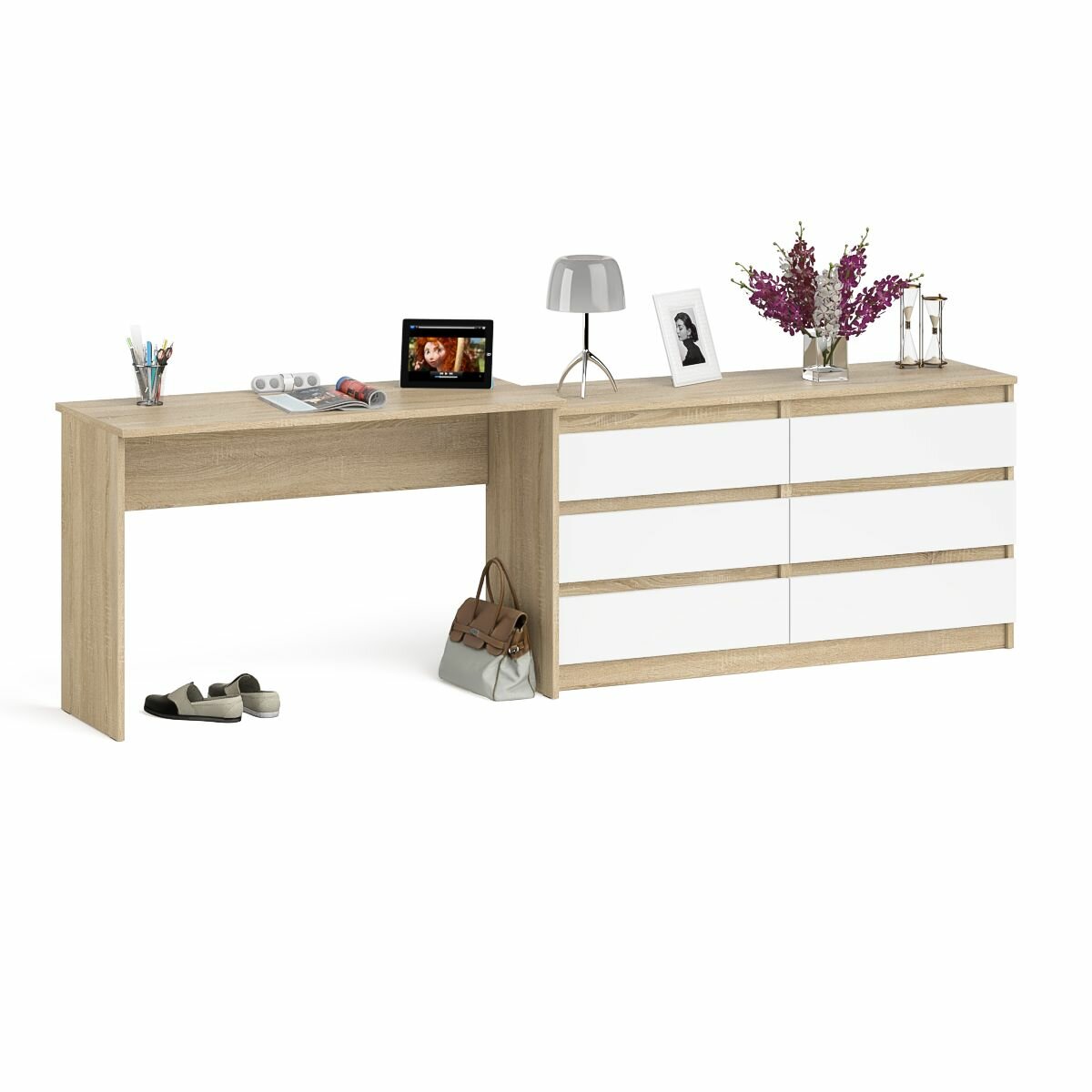 Компьютерный стол для дома, для школьника письменный Спасибо-Мебель 259см дуб сонома/белый