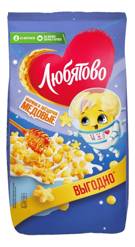 Готовый завтрак любятово Медовые шарики и звездочки, 420г