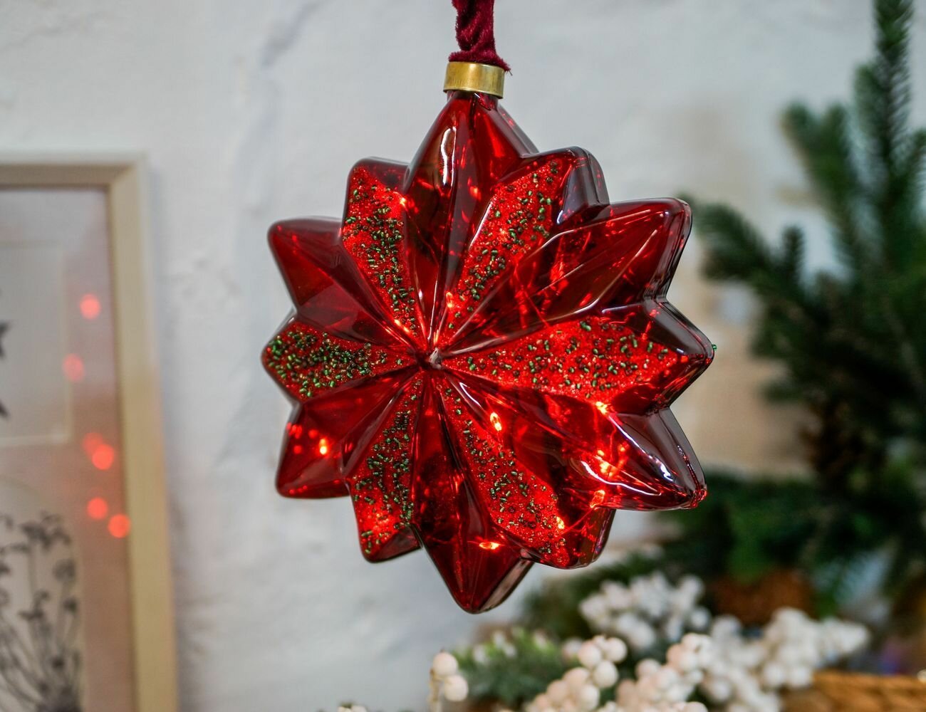 Светящееся украшение рубиновая тайна: звезда-цветок, стекло, 15 тёплых белых микро LED-огней, 80х19 см, таймер, батарейки, Kaemingk 486310
