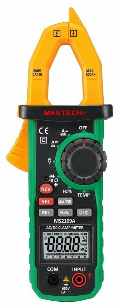 Токовые клещи Mastech MS2109A, 6 В/60 В/600 В ±(0,7%+2), 0–10 МГц ±(1,5%+5), охват 30 мм — фото 1