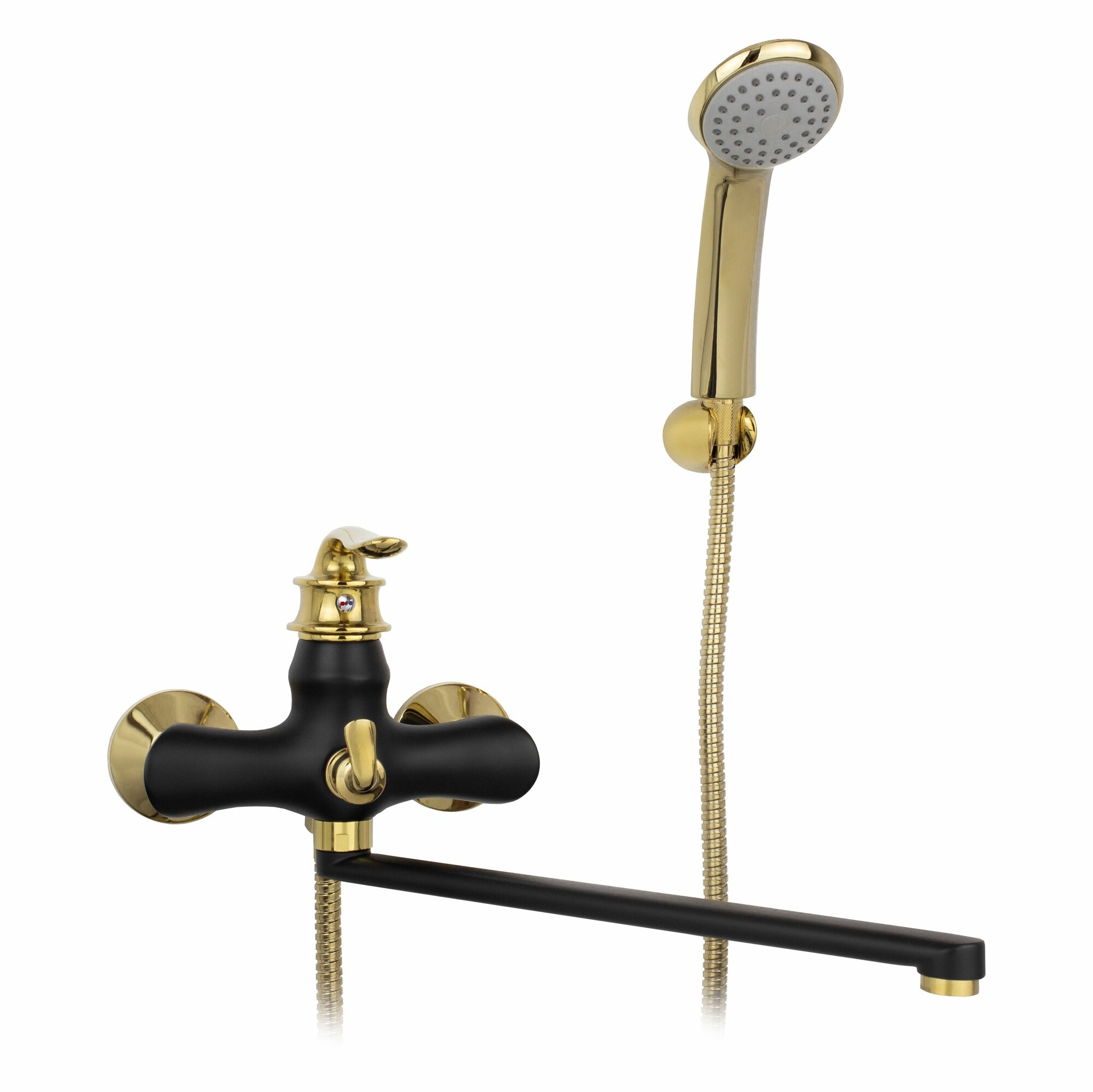 Смеситель для ванны с длинным поворотным изливом, черный с золотом