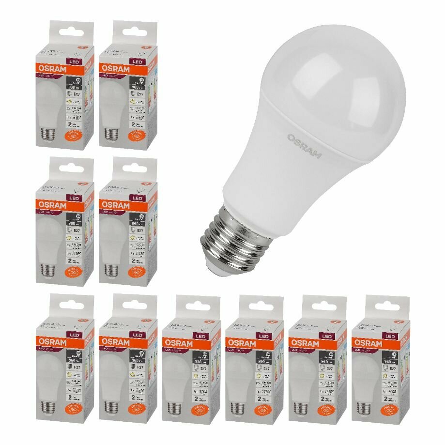 Лампочки светодиодные OSRAM LED Value A, 9Вт замена 100Вт, 3000К теплый свет, 960лм, E27, груша, 10 штук