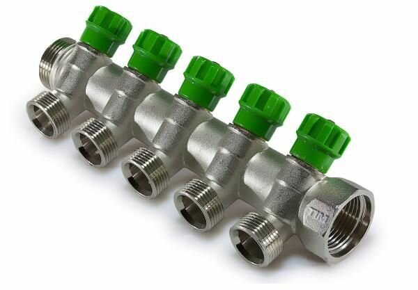 Коллектор распределительный вентильный на 5 выходов 3/4 x 1/2 для отопления и теплого пола