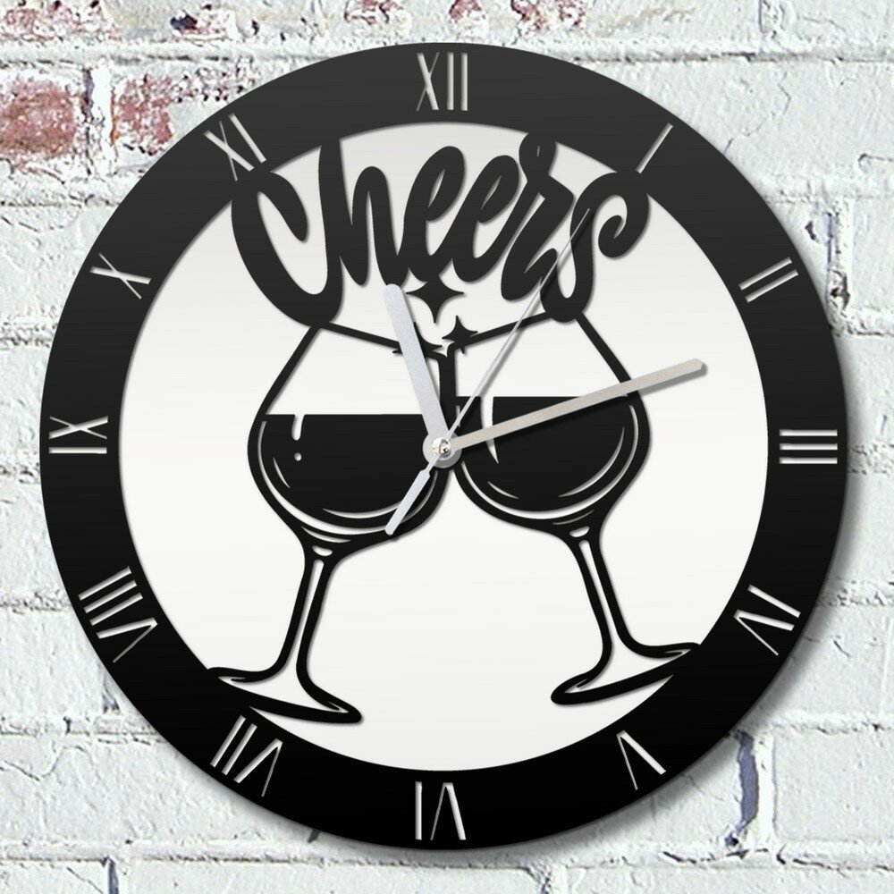 Настенные деревянные бесшумные часы эстетика Бокалы (надпись, кафе, ресторан, свидание, вино) - 5154