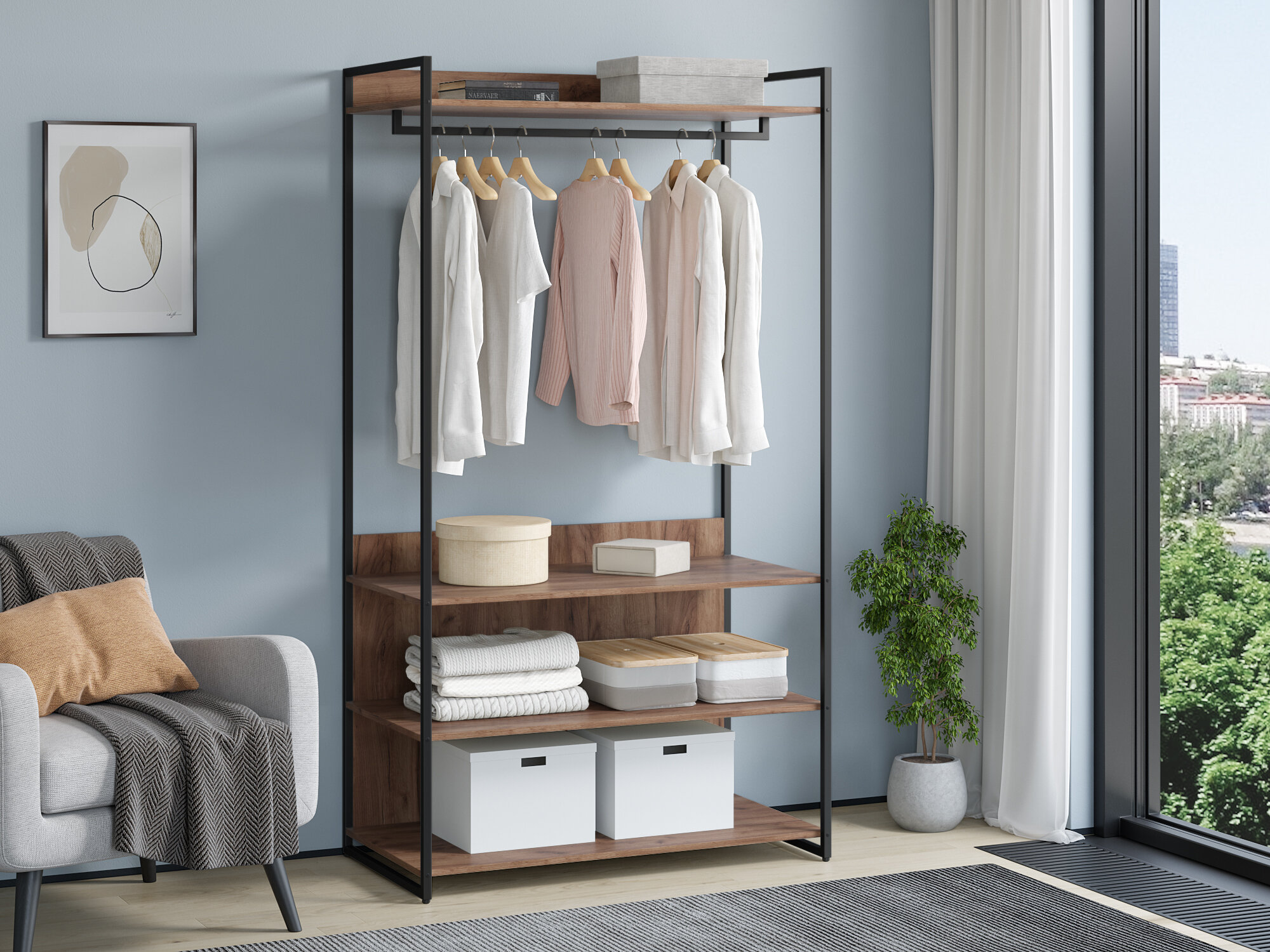 Стеллаж Urban Лофт 02 Черный/Дуб крафт табак с полками