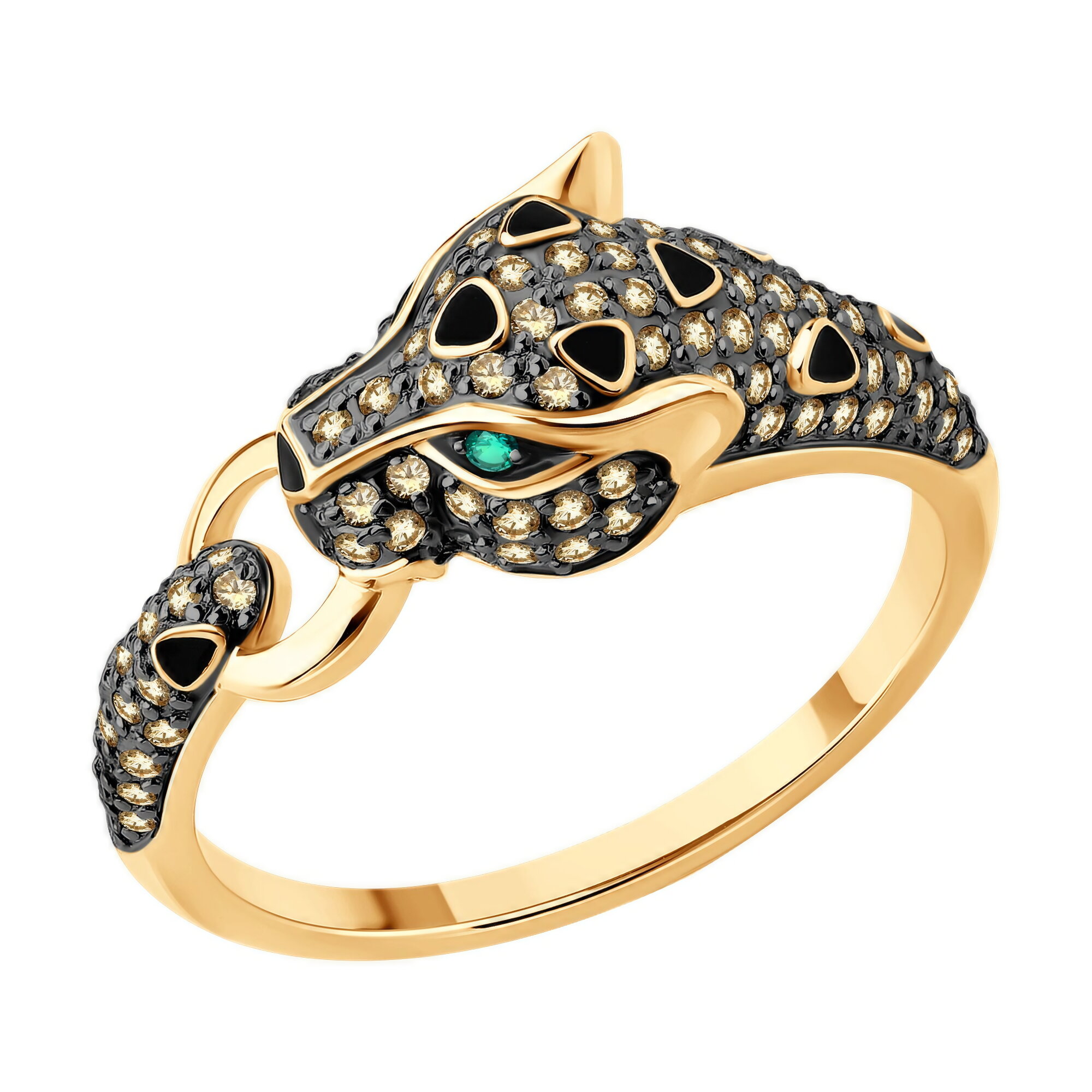 Кольцо, красное золото, 585 проба, изумруд, эмаль, бриллиант