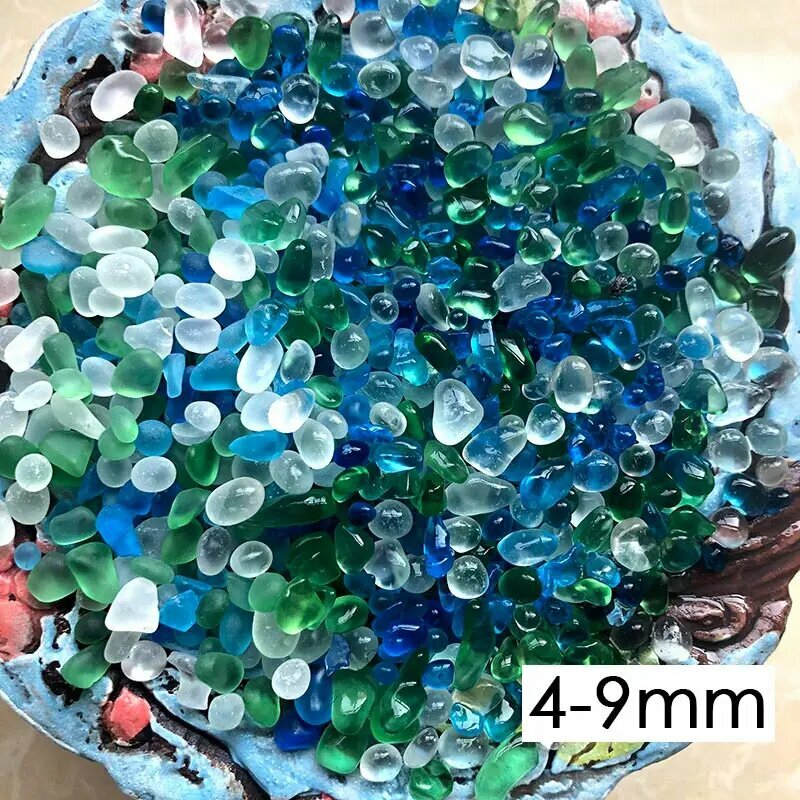 Стеклянные камушки для аквариума, бирюзовые S23 mix 4-9mm, 30г
