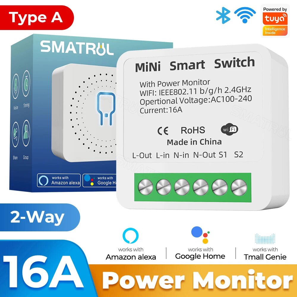SMATRUL Tuya WiFi мини-выключатель 16A Type A