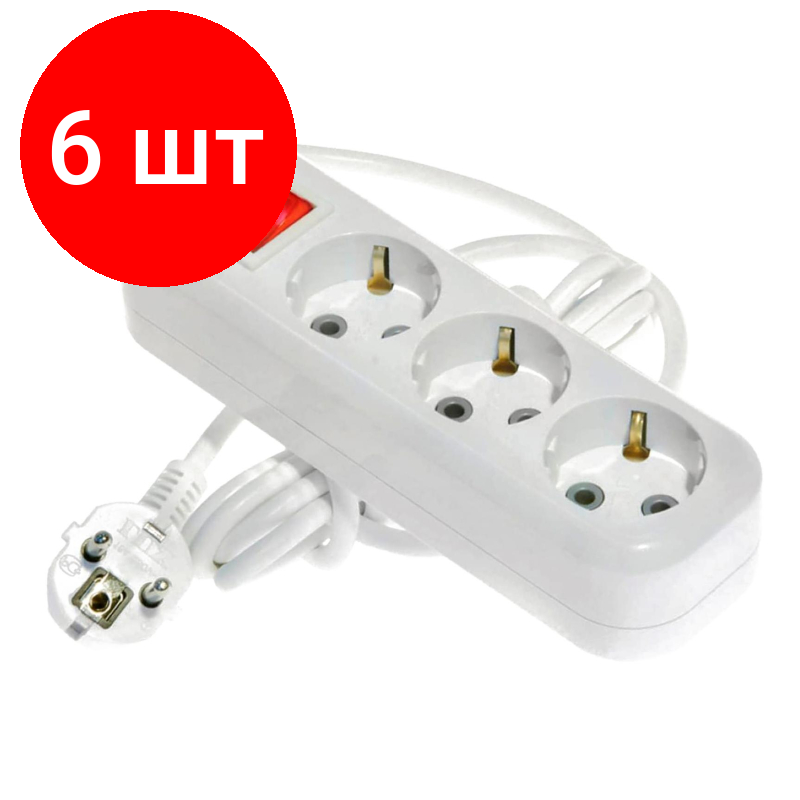 Комплект 6 штук, Удлинитель LUX У3-ЕВК-02 с выключателем 3-местный с з/к, 250В 16А, 2м