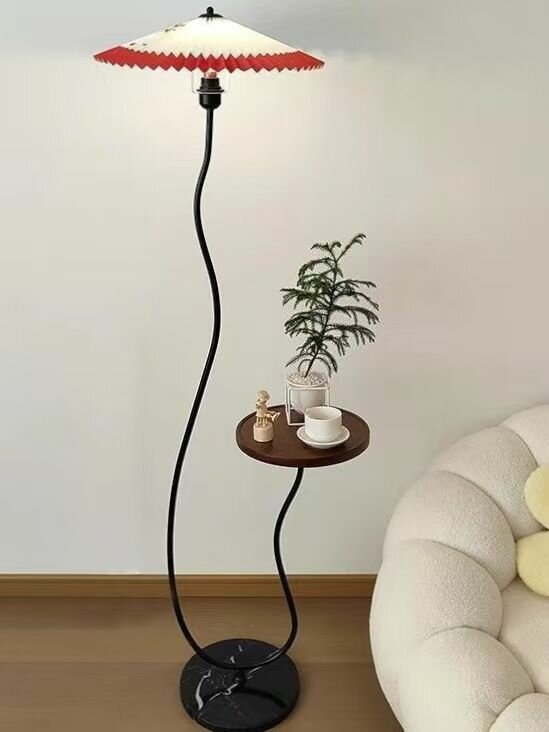 Торшер Oliver Light, E27, Винтажный кремовый стиль, теплый белый свет, со столиком，Красно-белый градиентный абажур