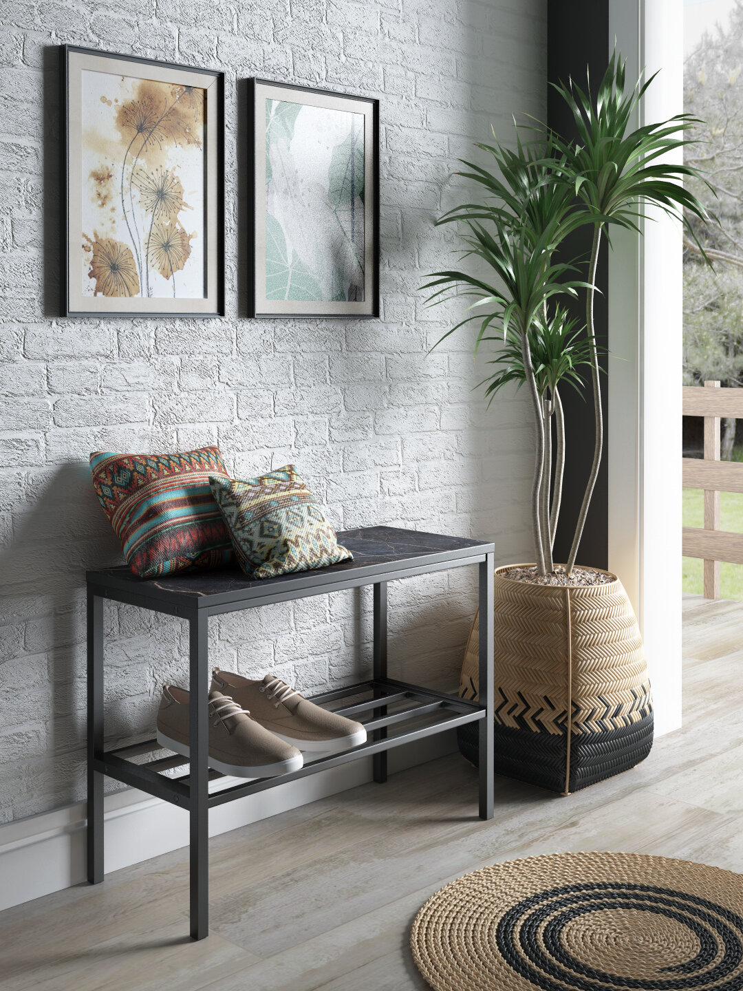 Банкетка в прихожую в стиле лофт черный мрамор/черный