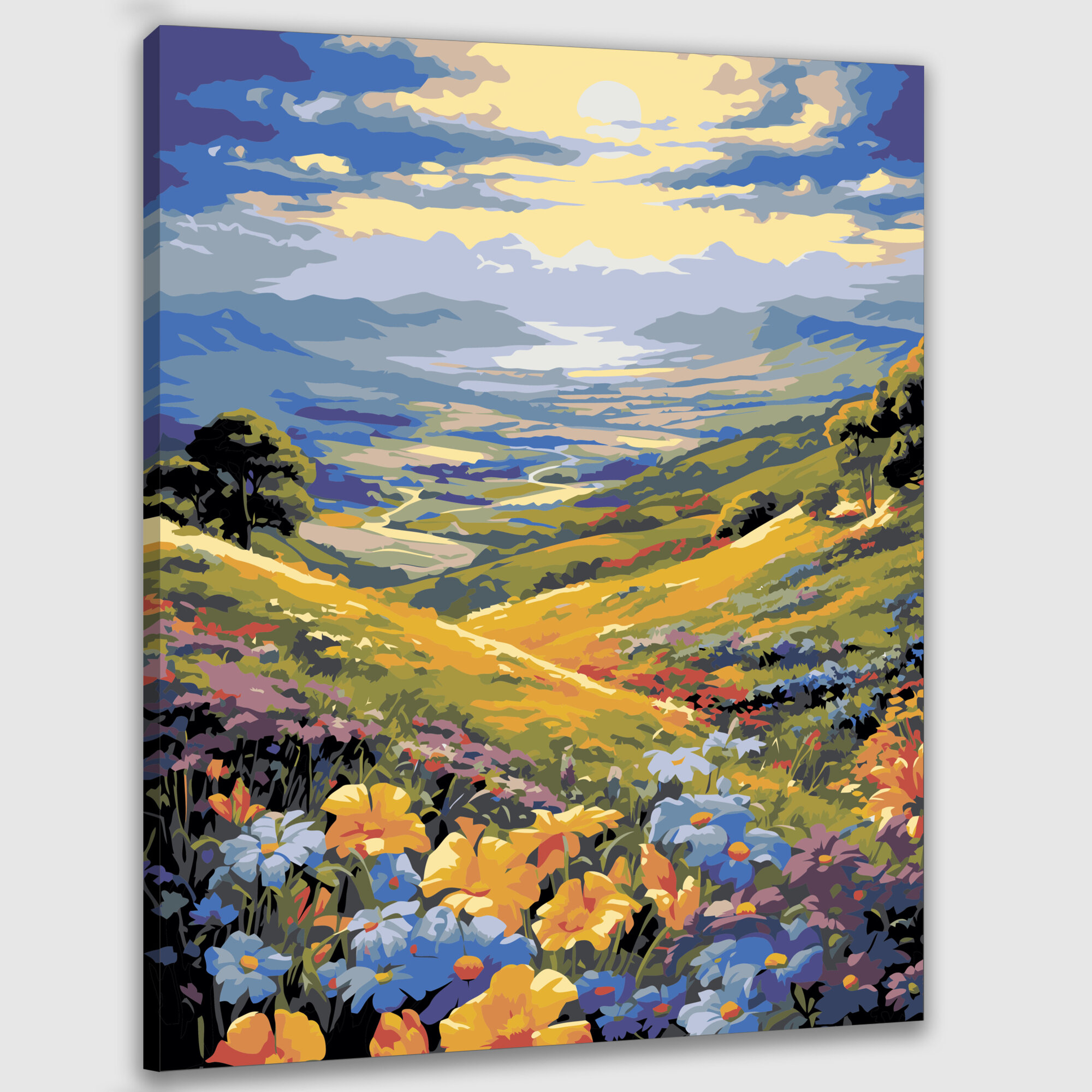 Картина по номерам 40x50 см, фотография, сельская местность, полевые цветы, желтые, пурпурные, синие оттенки, холмы