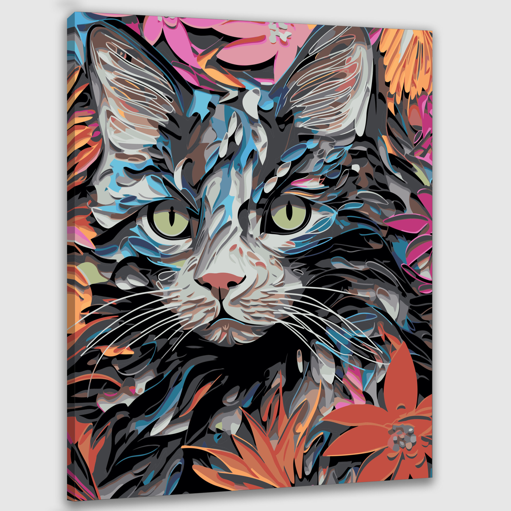 Картина по номерам 40x50 см, кошка, мейн-кун, смешанная техника, вырезки из бумаги, коллажи, текстура, яркие цвета