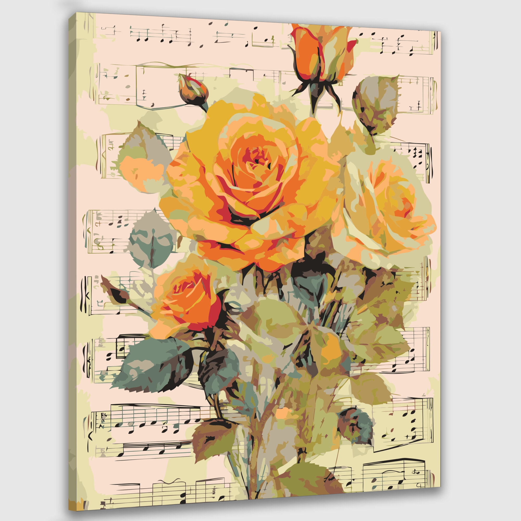 Картина по номерам 40x50 см, картина, коллаж, смешанная техника, старинные ноты, бумажные розы, размеры, цвета, музыка
