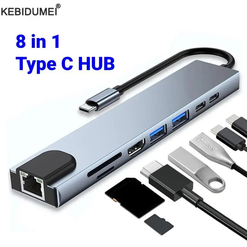 USB C хаб 6 в 1, PD 87W, HDMI 4K, USB 3.0, USB 2.0, SD/TF