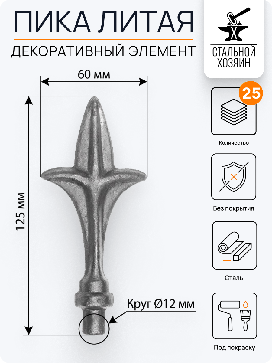 25 шт Кованый элемент Пика стальная 125х60 мм Посадочное место 12 мм (Круг)