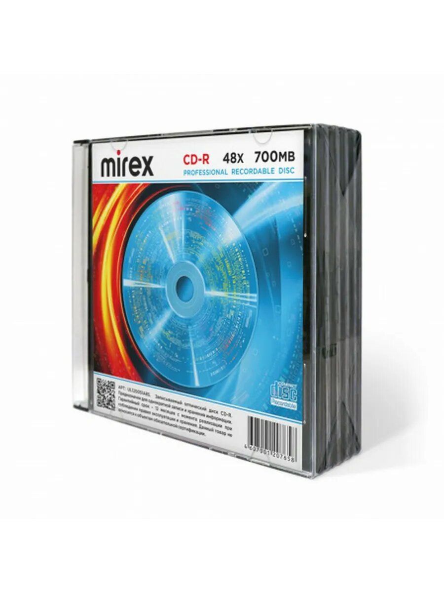 Диск CD-R MIREX, 700 Мб, 48x, Slim Case, комплект 5 шт.