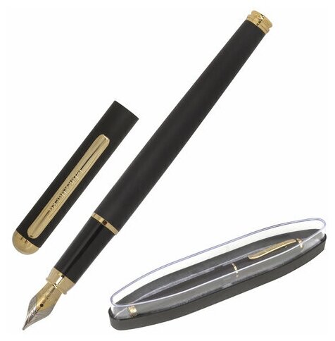 Ручка подарочная перьевая BRAUBERG Maestro, синяя, корпус черный с золотистыми деталями, линия письма 0.25 мм, 143471