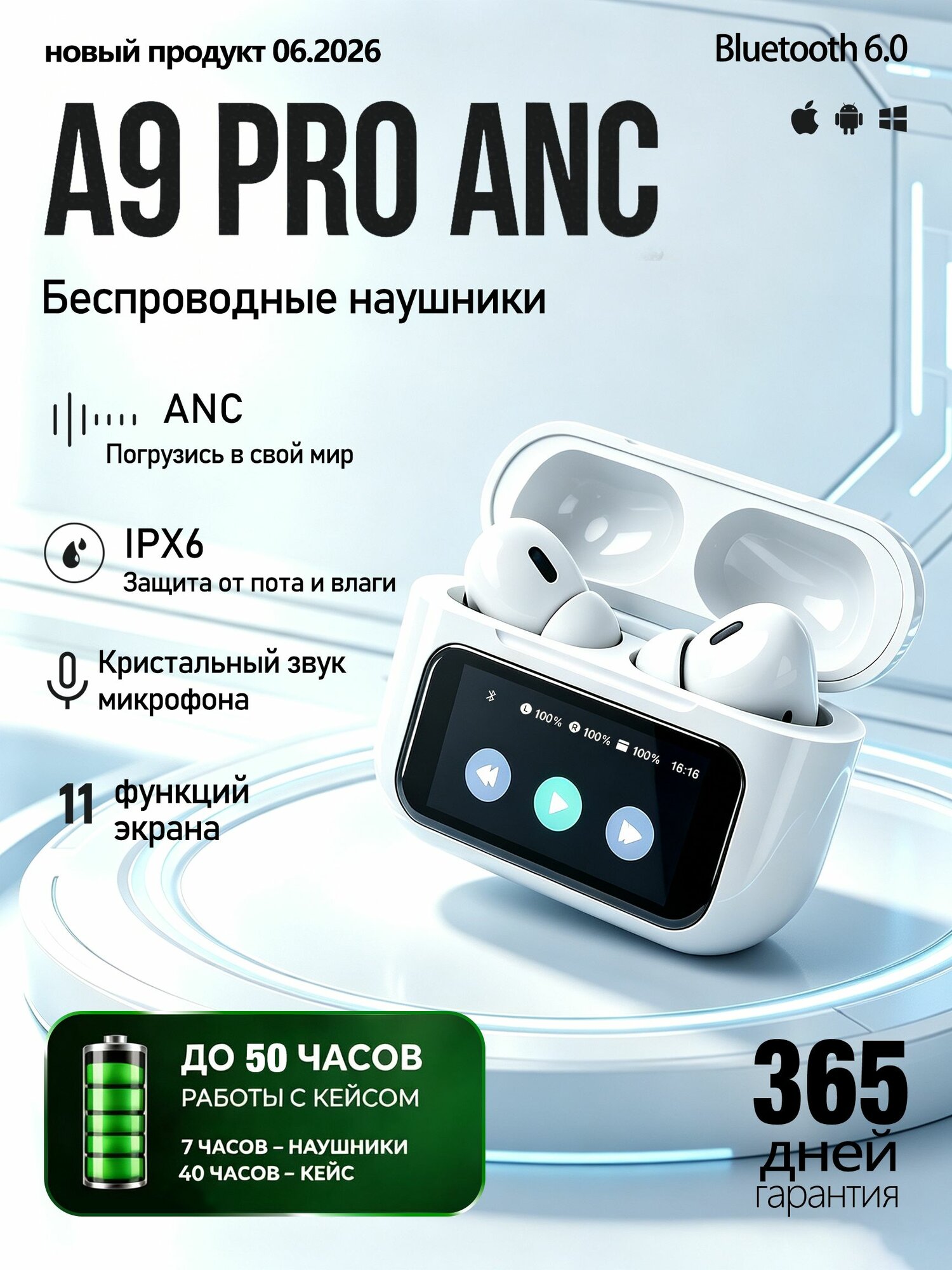 Наушники беспроводные A9 ANC с микрофоном шумоподавлением / Блютуз наушники / Спортивные наушники / Type C