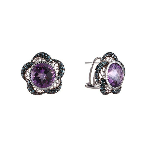 Серьги, белое золото, 585 проба, аметист, бриллиант