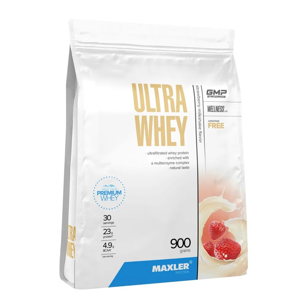 Протеин сывороточный для мужчин и женщин в порошке Maxler Ultra Whey 900г Клубничный молочный коктейль