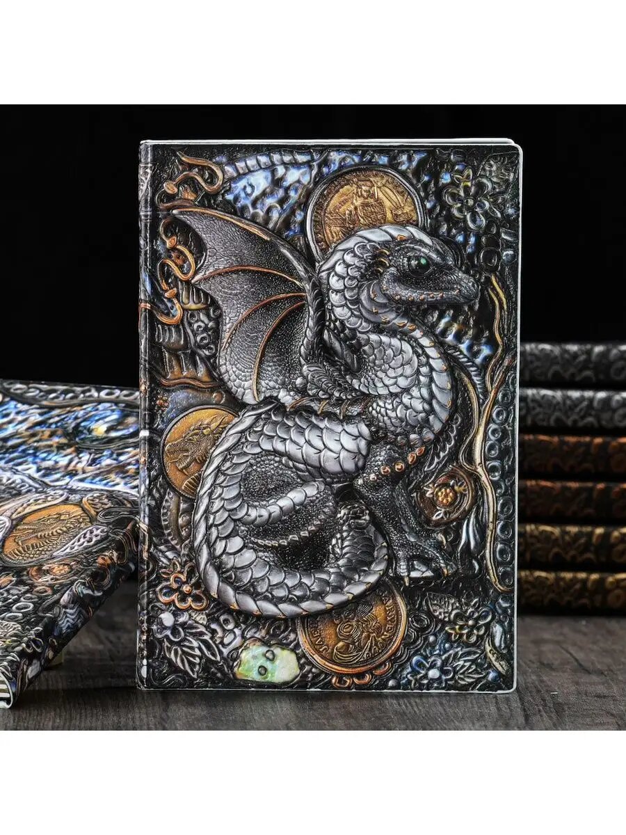 Блокнот "Дракон", 3D-обложка, А5, мягкая, эко-кожа, 100 листов, серый, полиуретан