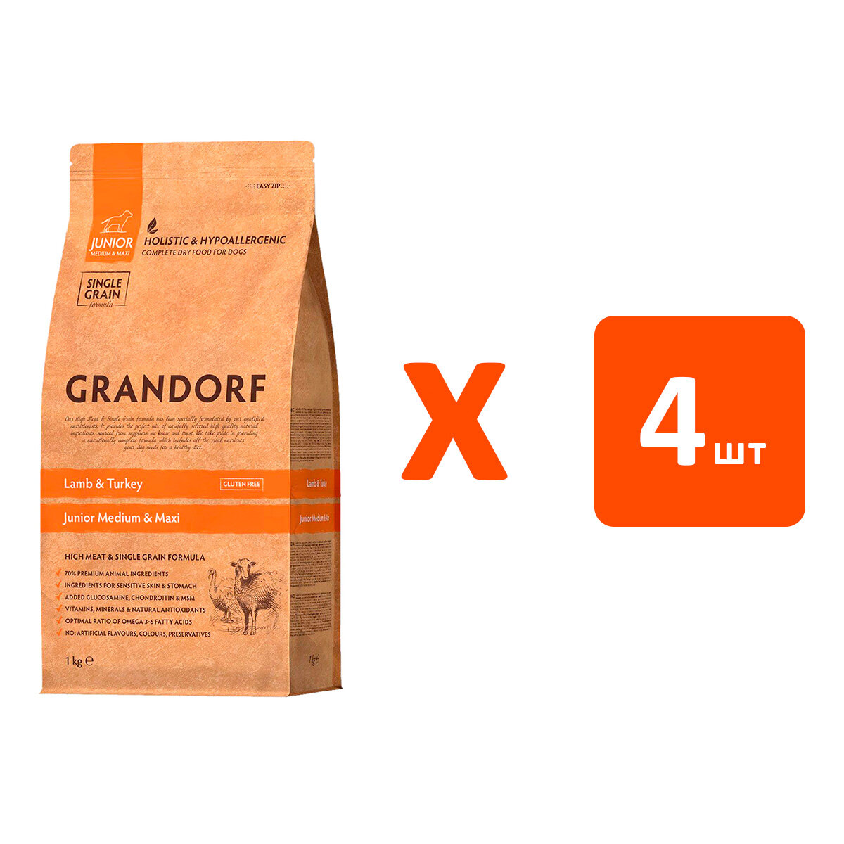 Корм сухой Grandorf Single Grain Junior Medium & Maxi Lamb & Turkey низкозерновой для юниоров средних и крупных пород, беременных и кормящих сук с ягненком и индейкой, 1 кг х 4 шт