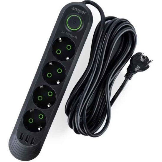 Сетевой удлинитель с USB Amper JH-1072U-4B 4 розетки, 3usb, 2500 Вт, 10А, 4,0м, 3*0,75мм, черный.