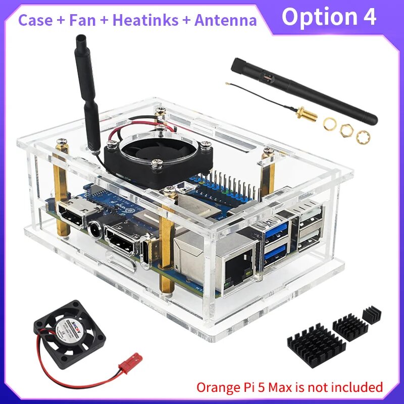Корпус для Orange Pi 5 Max Caturda, прозрачный, с вентилятором Option 4