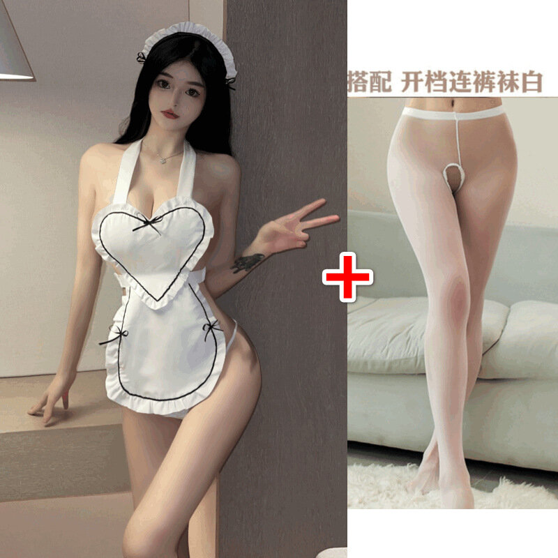Сексуальное нижнее белье, костюм горничной в форме сердца, соблазнительный фартук с завязками, костюм горничной, комплект униформы для ролевых игр. Горничная + белые чулки с открытой промежностью.