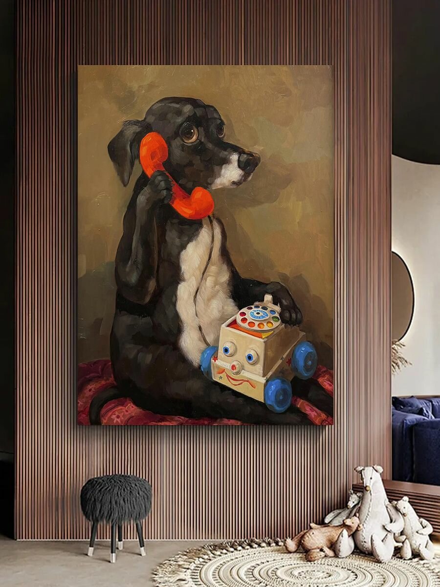 Картина милые песики, собачка с телефоном 20х30 см.