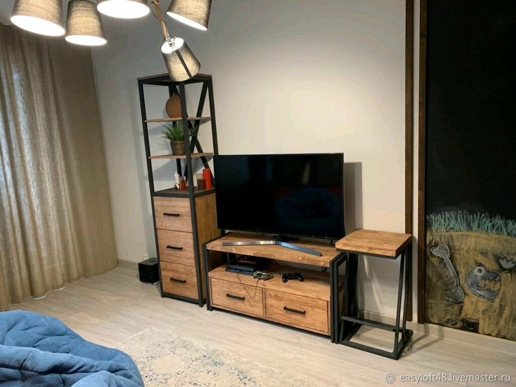 Мебель от "EasyLOFT" в стиле лофт, тумба под телевизор, стеллаж и столик, массив дуба, 200х40х50 см.