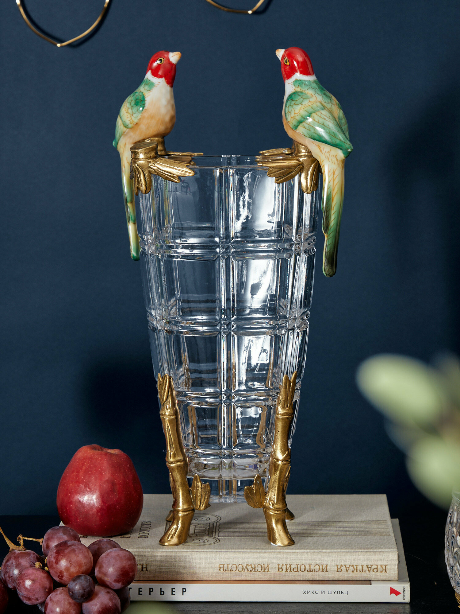 HGL490/1/GLASS Ваза с птичками 26х16х34см, Стекло, фарфор, бронза, Glasar