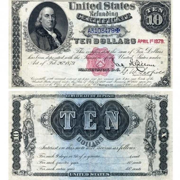 Сертификат 10 долларов 1879 года США, сувенирная копия, банкноты и купюры редкие коллекционные
