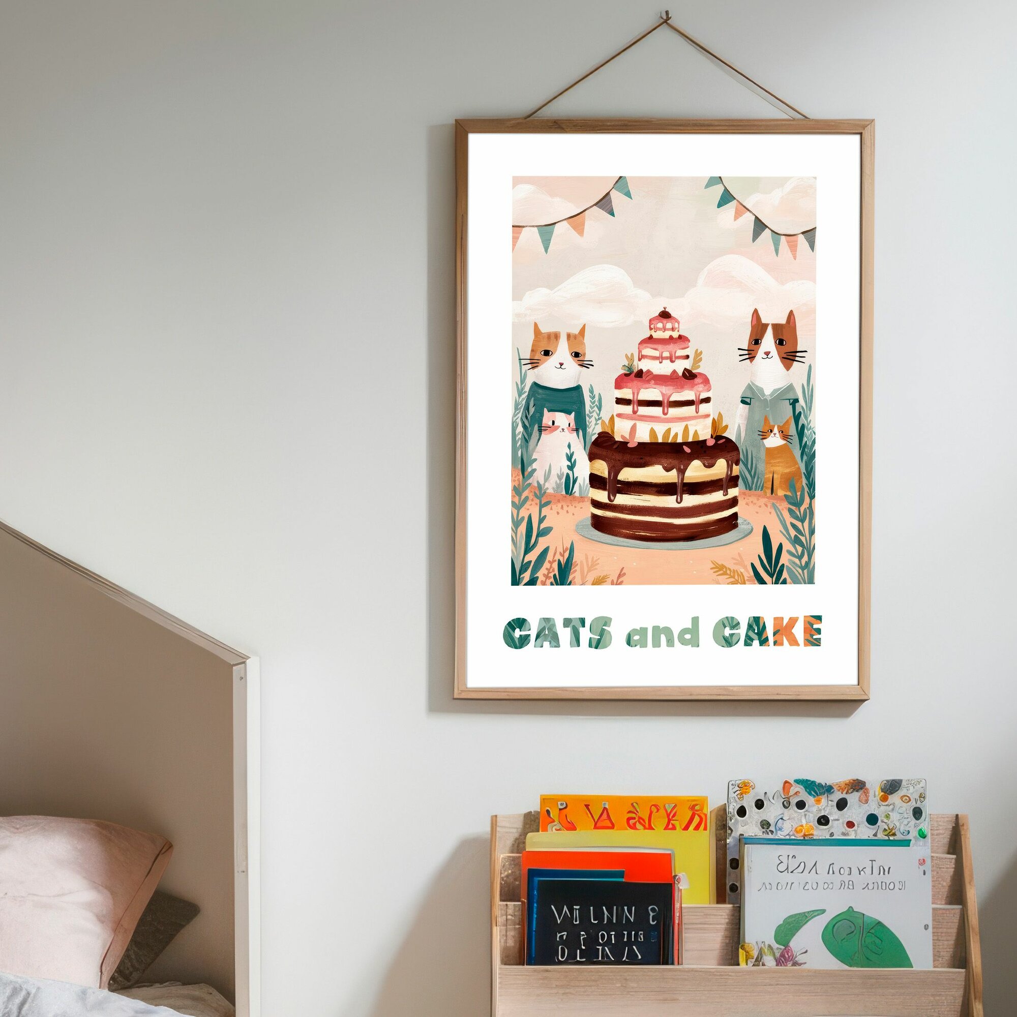 Постер для детской, для ребенка, в сканди стиле, Коты и торт - 50х70
