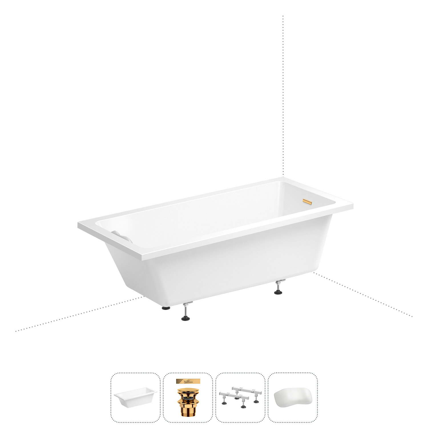 Акриловая ванна 150х80 Wellsee FreeDom 2.0 20212814R в наборе 4 в 1: ванна акриловая 150 х 80 см в цвете белый глянец, слив-перелив золото, ножки, подголовник