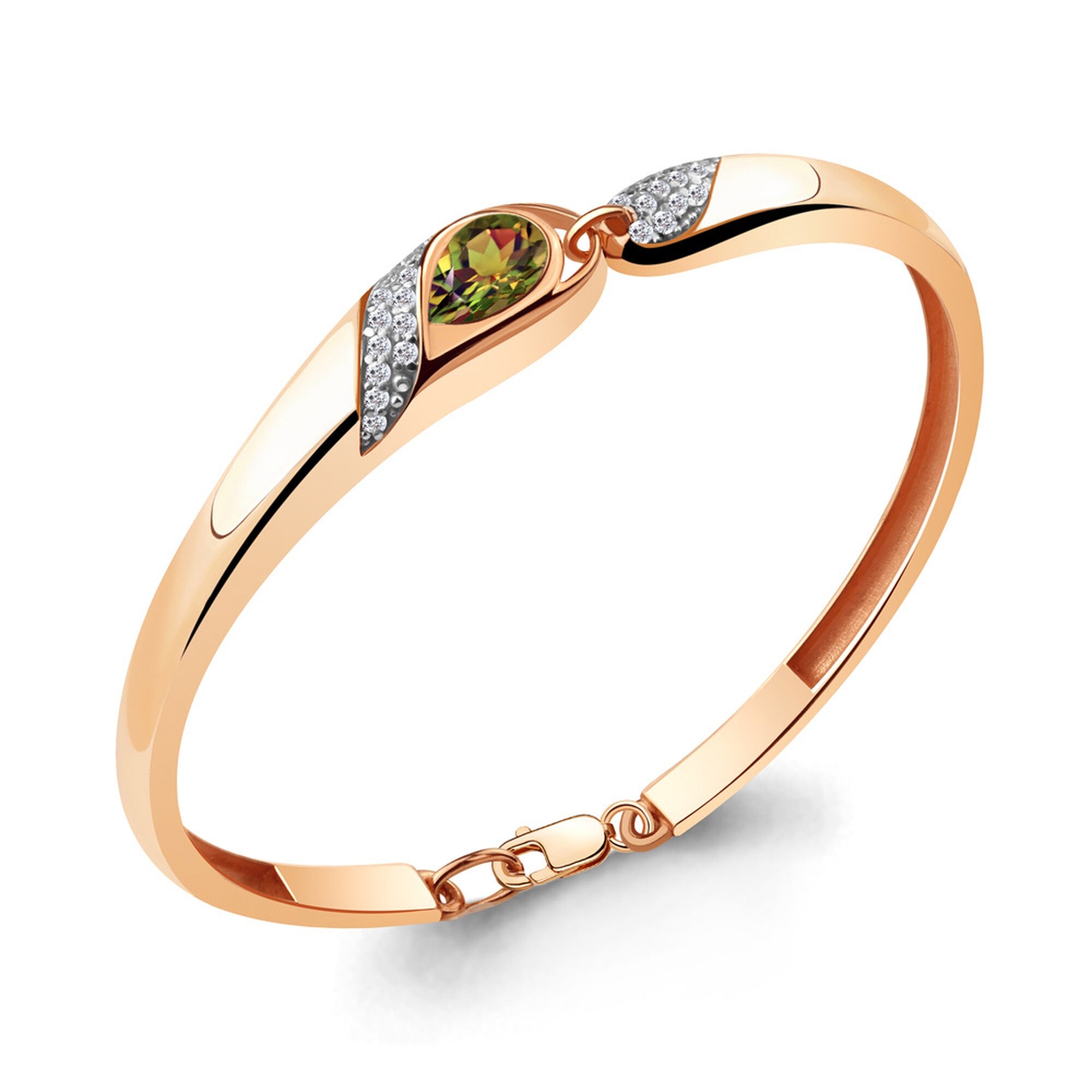 Жесткий браслет, серебро, 925 проба, золочение, султанит, фианит