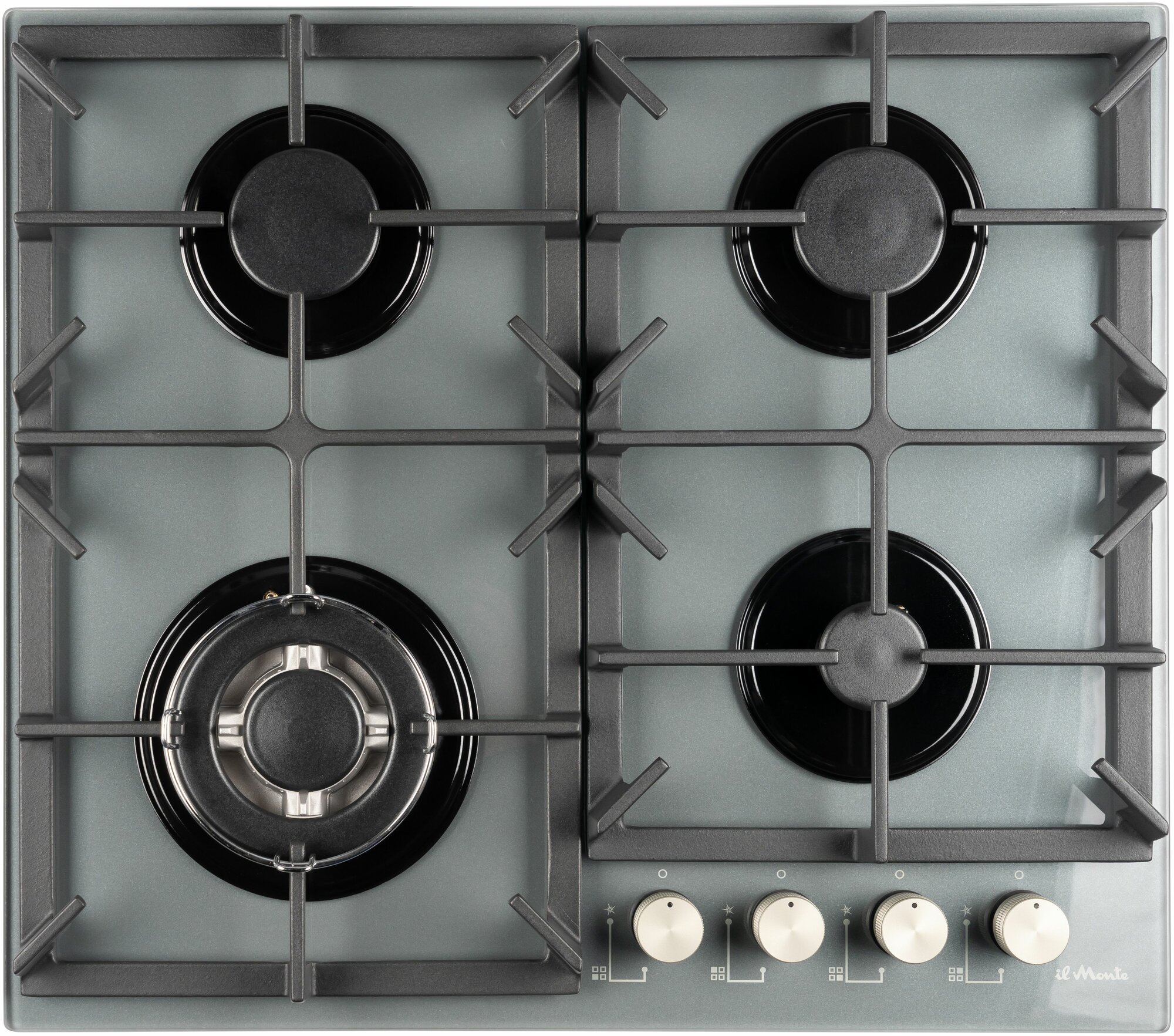 Варочная панель газовая, 60 см, Закаленное стекло, Газ-контроль, Турбо конфорка ВОК, Автоподжиг, Чугунные решетки, il Monte BH-614G