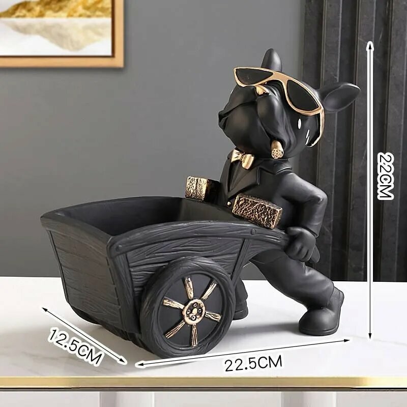 Статуэтка интерьерная французский бульдог с тачкой в современном стиле, декоративная подставка для мелочей, конфетница, 22cm, черный