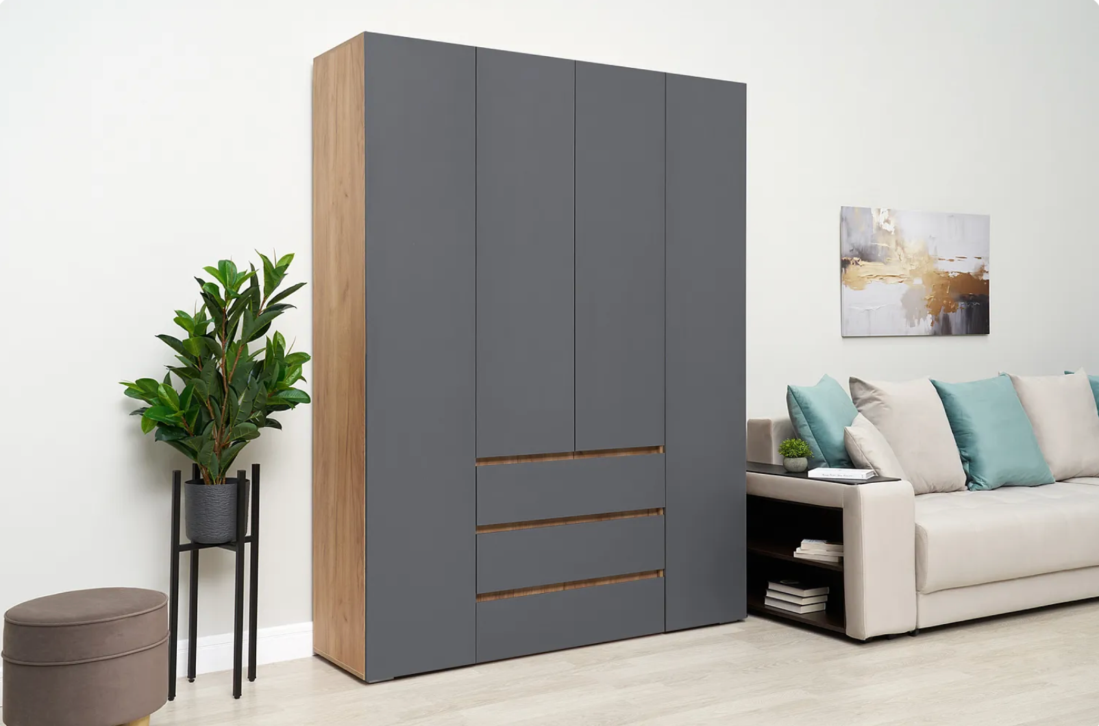 Хелен ШК 05 Шкаф 4х створчатый с ящиками (1600х2080х460), серый графит/дуб крафт золото