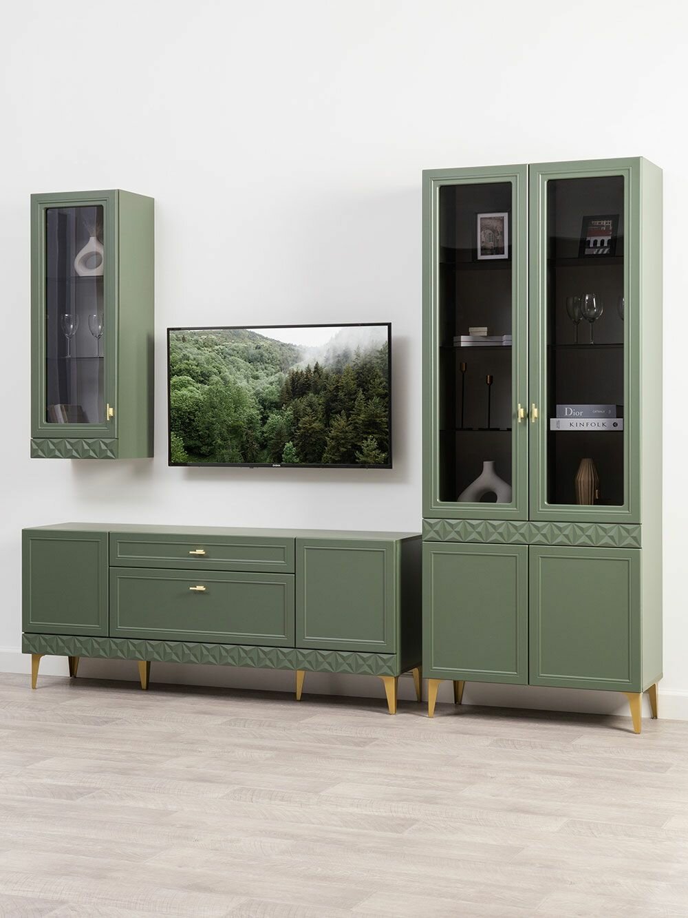 Гостиная комплект Марион Лайт, ТВ-тумба, навесной шкаф-витрина, шкаф-витрина, 240.2х36.9х200 см, Дымчатый зеленый / Олива шагрень