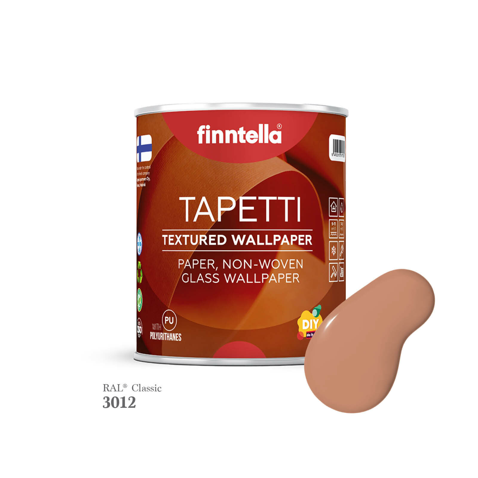 Шелковисто-матовая краска для обоев под окраску TAPETTI SILKKI Matta FINNTELLA, Цвет RAL 3012 Бежево-красный (Beige red) , 0,9л