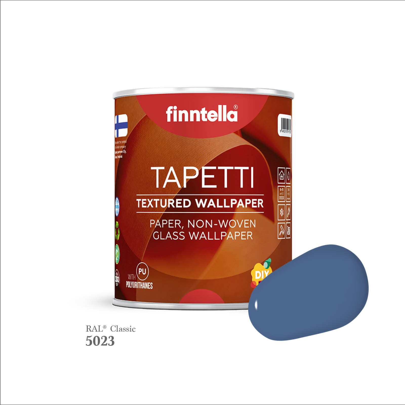 Шелковисто-матовая краска для обоев под окраску TAPETTI SILKKI Matta FINNTELLA, Цвет RAL 5023 Отдаленно-синий (Distant blue), 0,9л